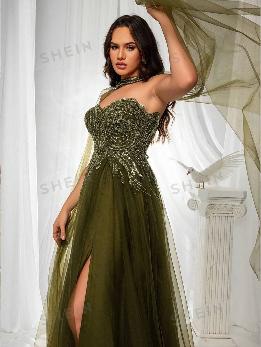 Women's Sequin Tulle High Slit Evening Dress With Sheer Hem, Luxury ...