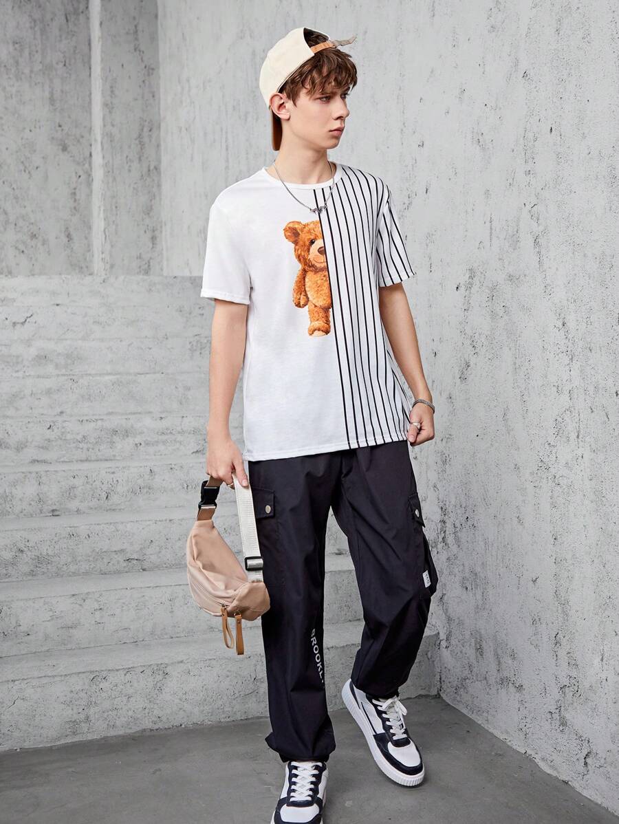 Teen Boys' Striped Patchwork Teddy T-Shirt | SHEIN EUR