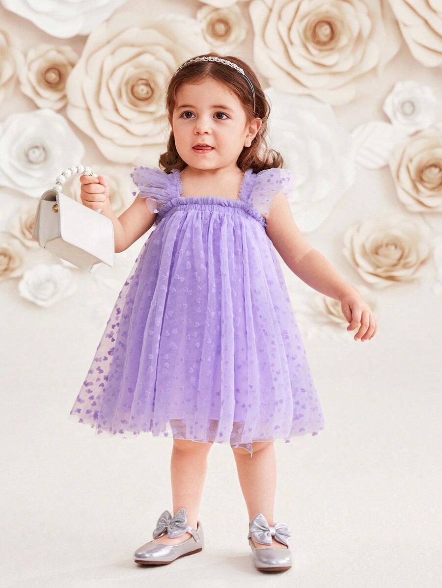 SHEIN Baby Girl'S Cute & Heart Mesh Short Flutter Sleeve Dress With ...