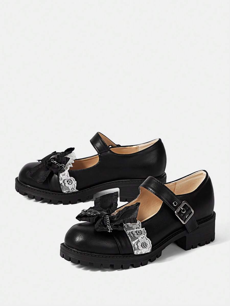 SHEIN MOD Women'S Mary Jane Style Black Round Toe Low-Heeled Shoes With ...