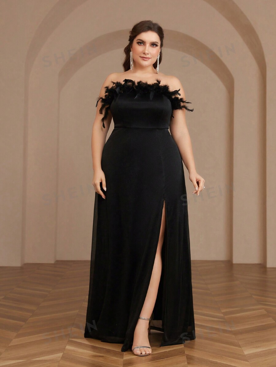 SHEIN Belle Feather Patchwork Sexy Plus Size Women's Evening Dress With ...