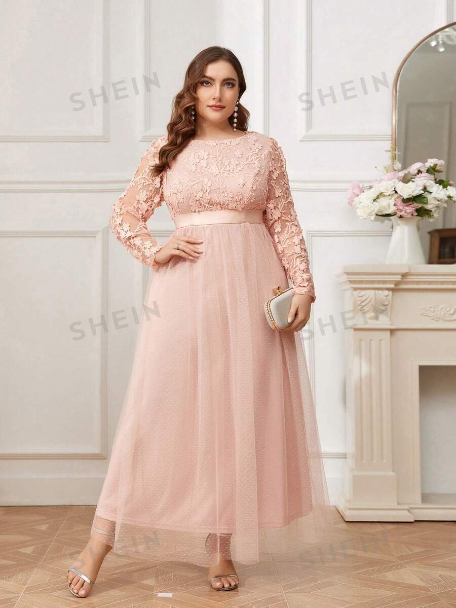 SHEIN Belle Plus Size Romantic Embroidered Mesh Bridesmaid Dress With ...