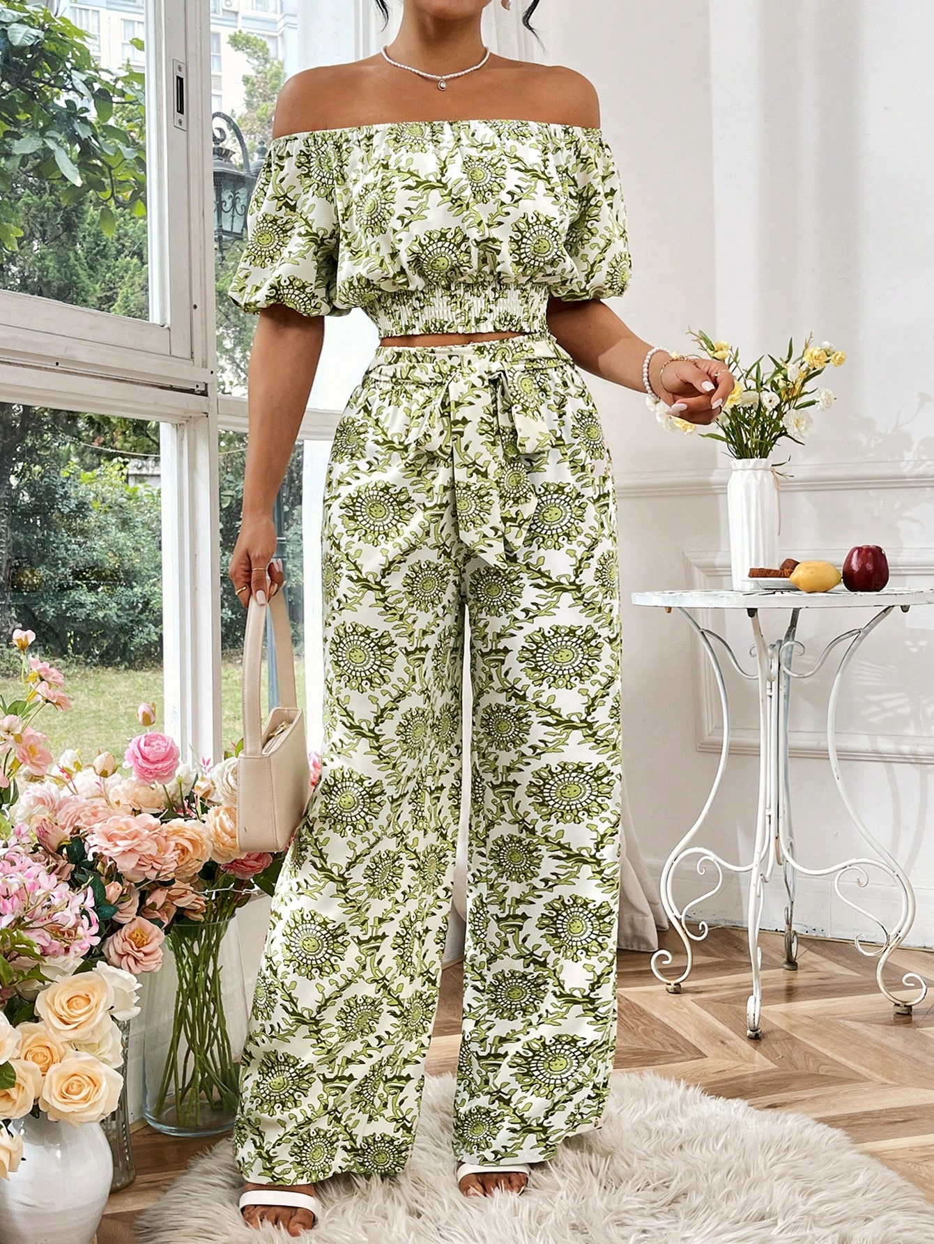 SHEIN VCAY Off-Shoulder Top & Pants Set With All-Over Print | SHEIN USA