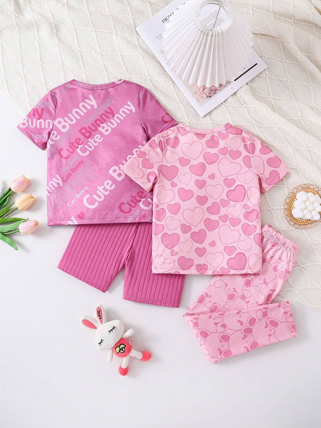 Young Girl Cute Cartoon Rabbit Pattern Short Sleeve T Shirt And Slim