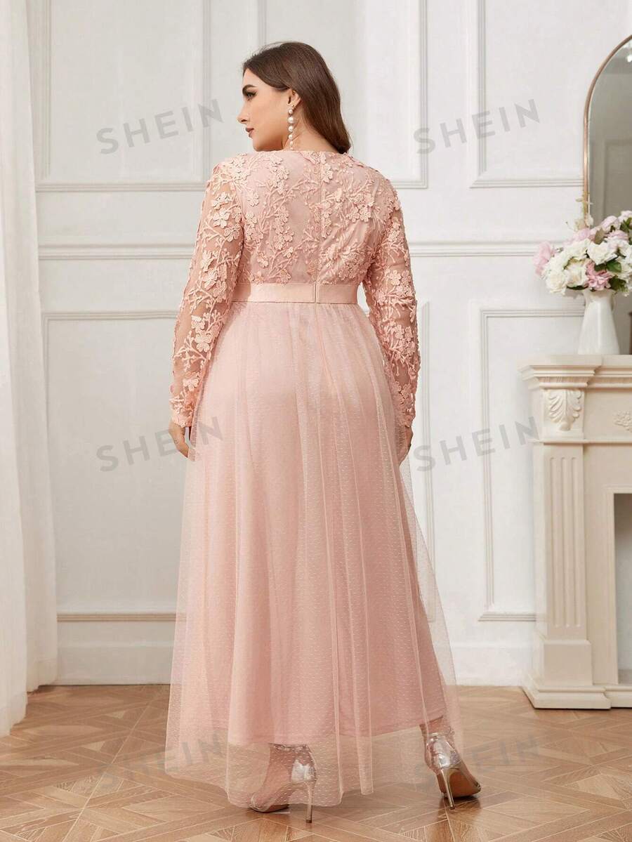 SHEIN Belle Plus Size Romantic Embroidered Mesh Bridesmaid Dress With ...
