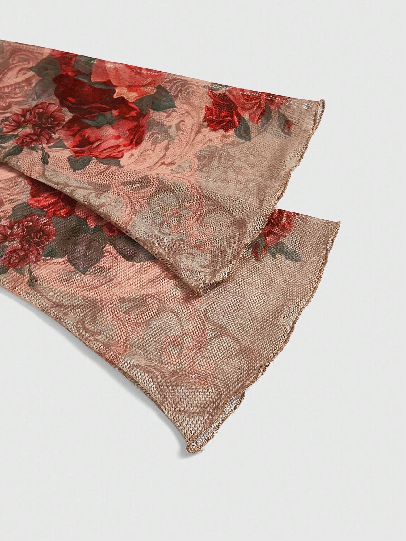 ROMWE Fairycore Women's Oil Painting Floral Lace Rose Mesh Strap Top ...