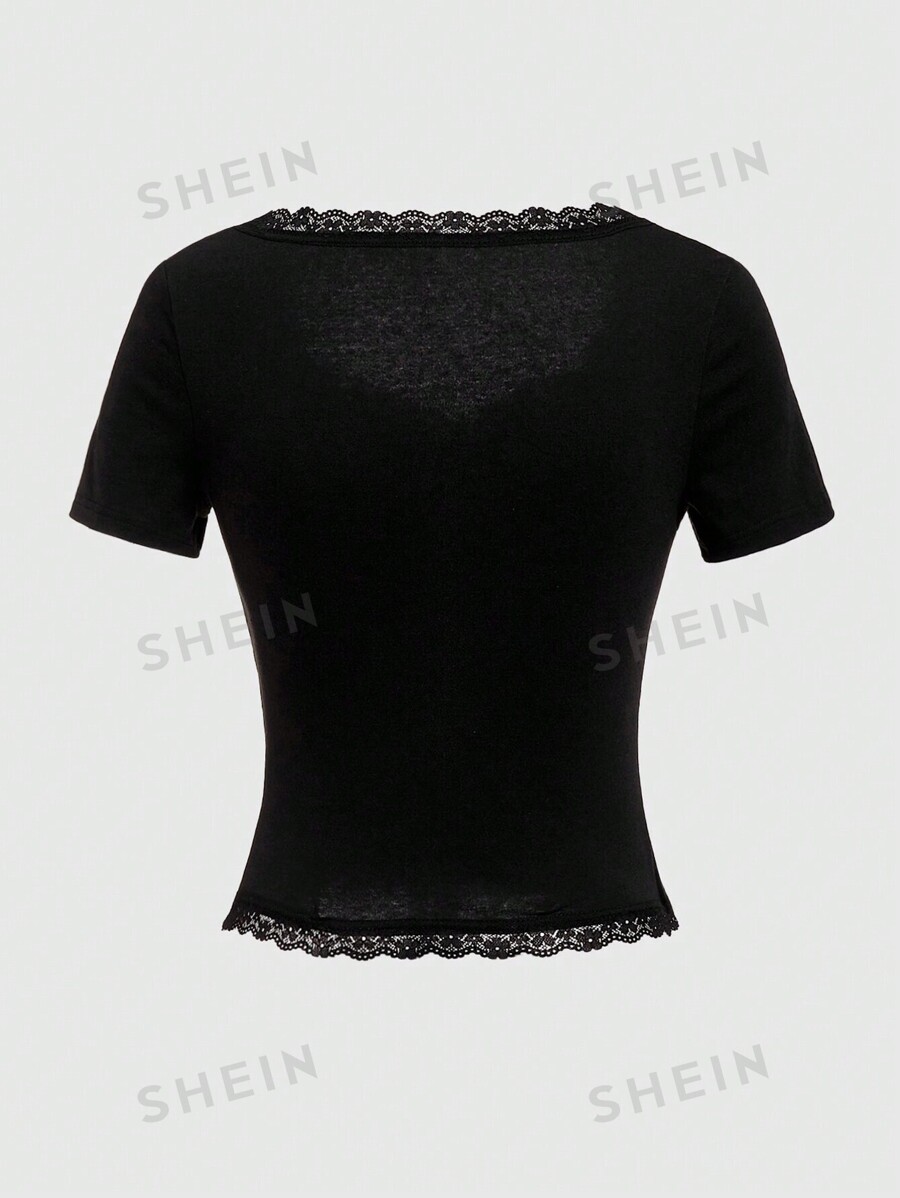Romwe Fairycore Ladies Floral Print V Neck Black Lace Short Sleeve T