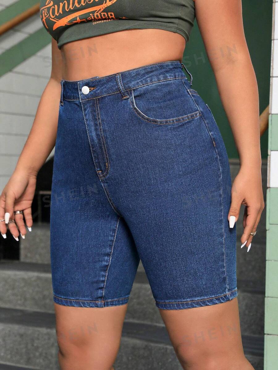 SHEIN EZwear Plus Size Women'S Tight Long Denim Shorts | SHEIN USA
