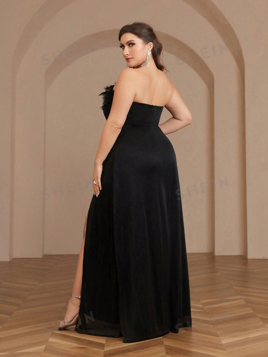SHEIN Belle Feather Patchwork Sexy Plus Size Women's Evening Dress With ...