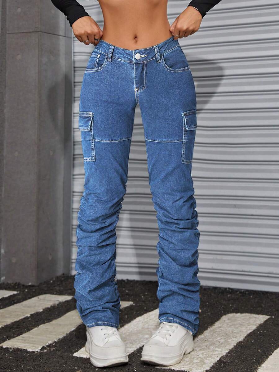 SHEIN ICON Jeans Cargo De Mezclilla De Talle Bajo | Mode de Mujer ...