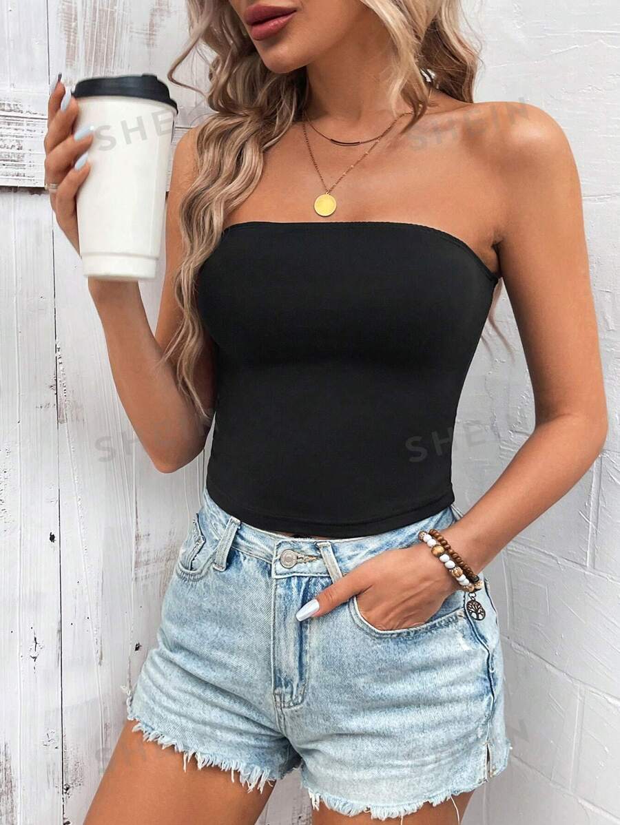 SHEIN LUNE Casual And Simple Solid Color Strapless Top, Slim Fit ...