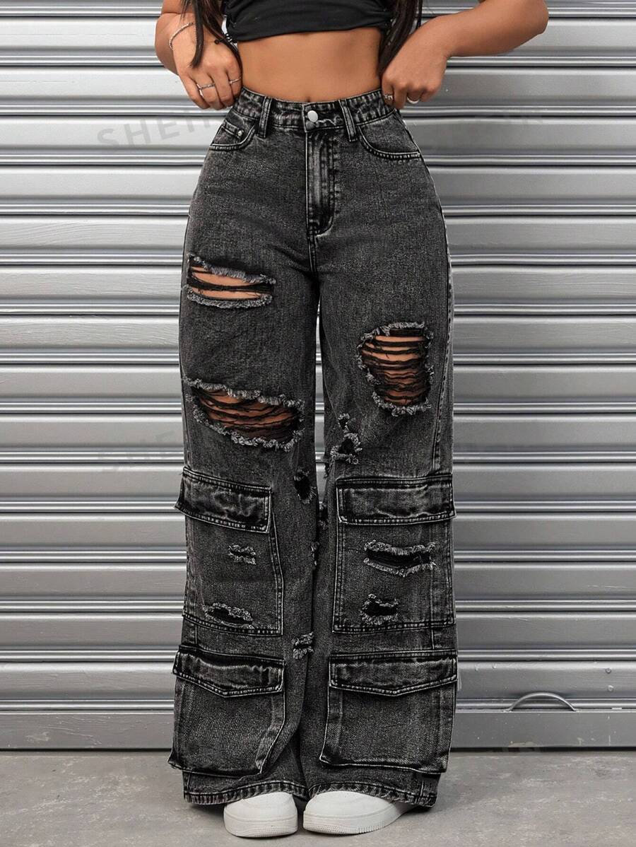 SHEIN ICON Distressed Cargo Style Wide Leg Jeans | SHEIN USA