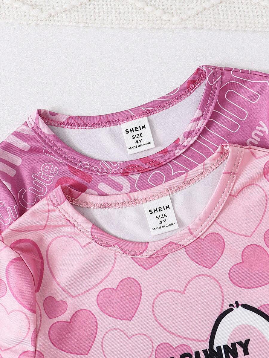 Young Girl Cute Cartoon Rabbit Pattern Short Sleeve T Shirt And Slim