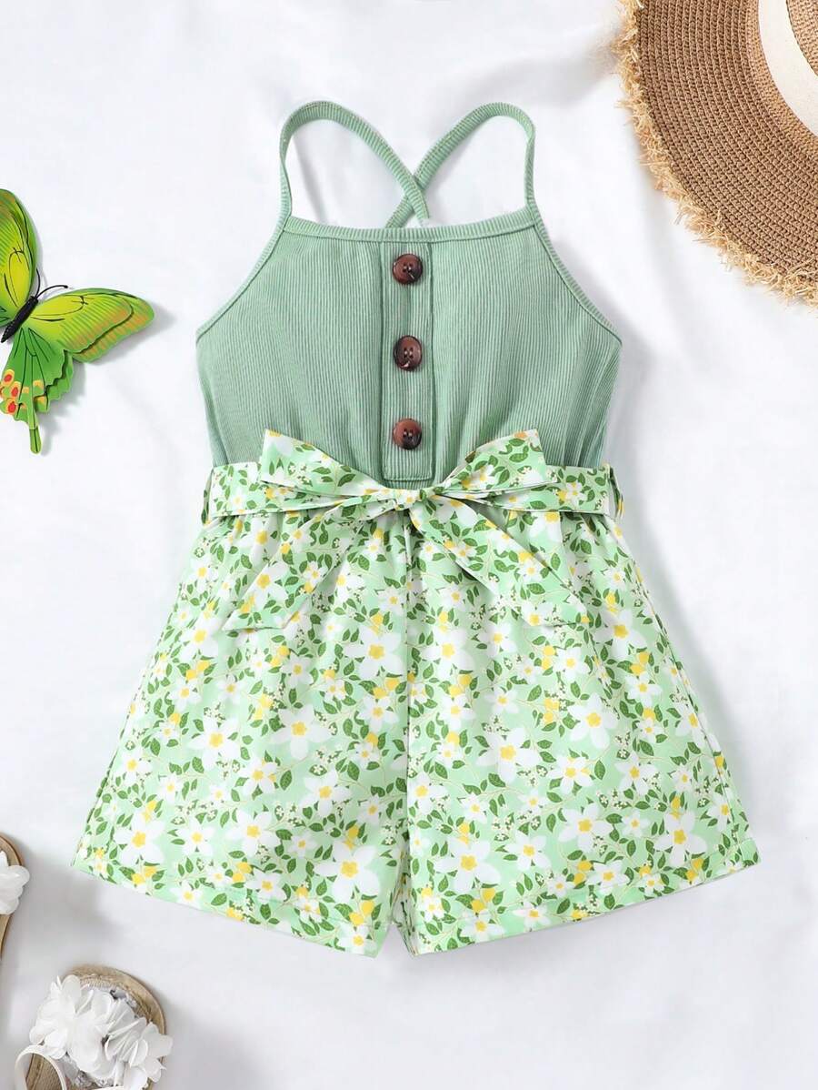 SHEIN Kids SUNSHNE Young Girl Floral Patchwork Cami Romper For Spring ...