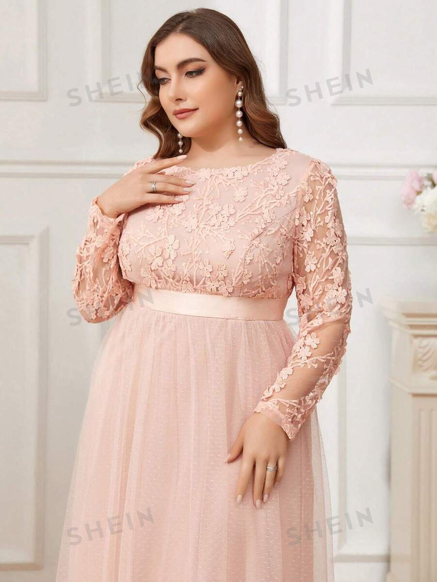 SHEIN Belle Plus Size Romantic Embroidered Mesh Bridesmaid Dress With ...