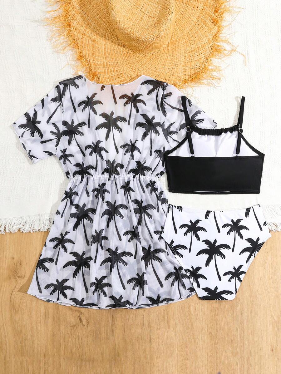 Tween Girls Random Palm Tree Print Bikini Set With Three Pieces
