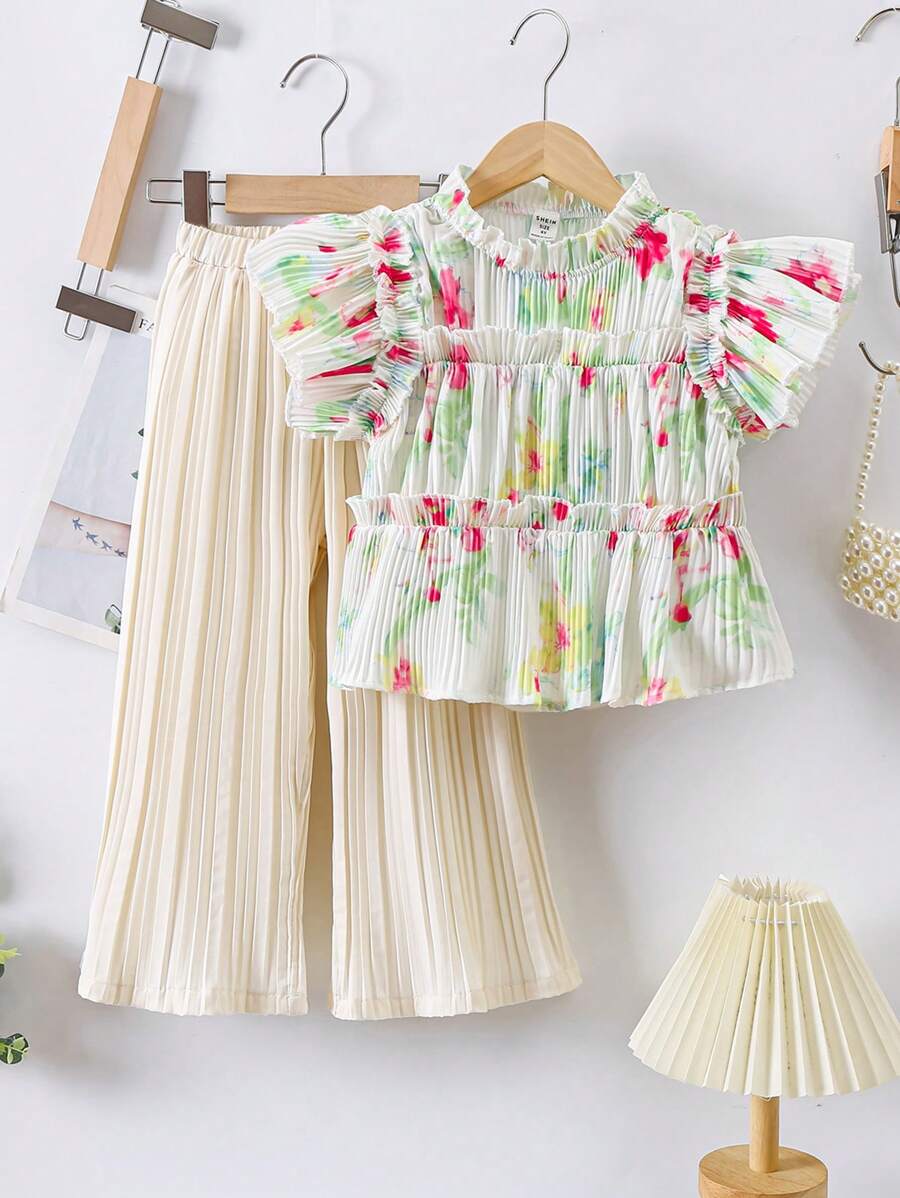 SHEIN Conjunto De 2 Peças Blusa E Calça Florais Plissadas Para Jovens ...