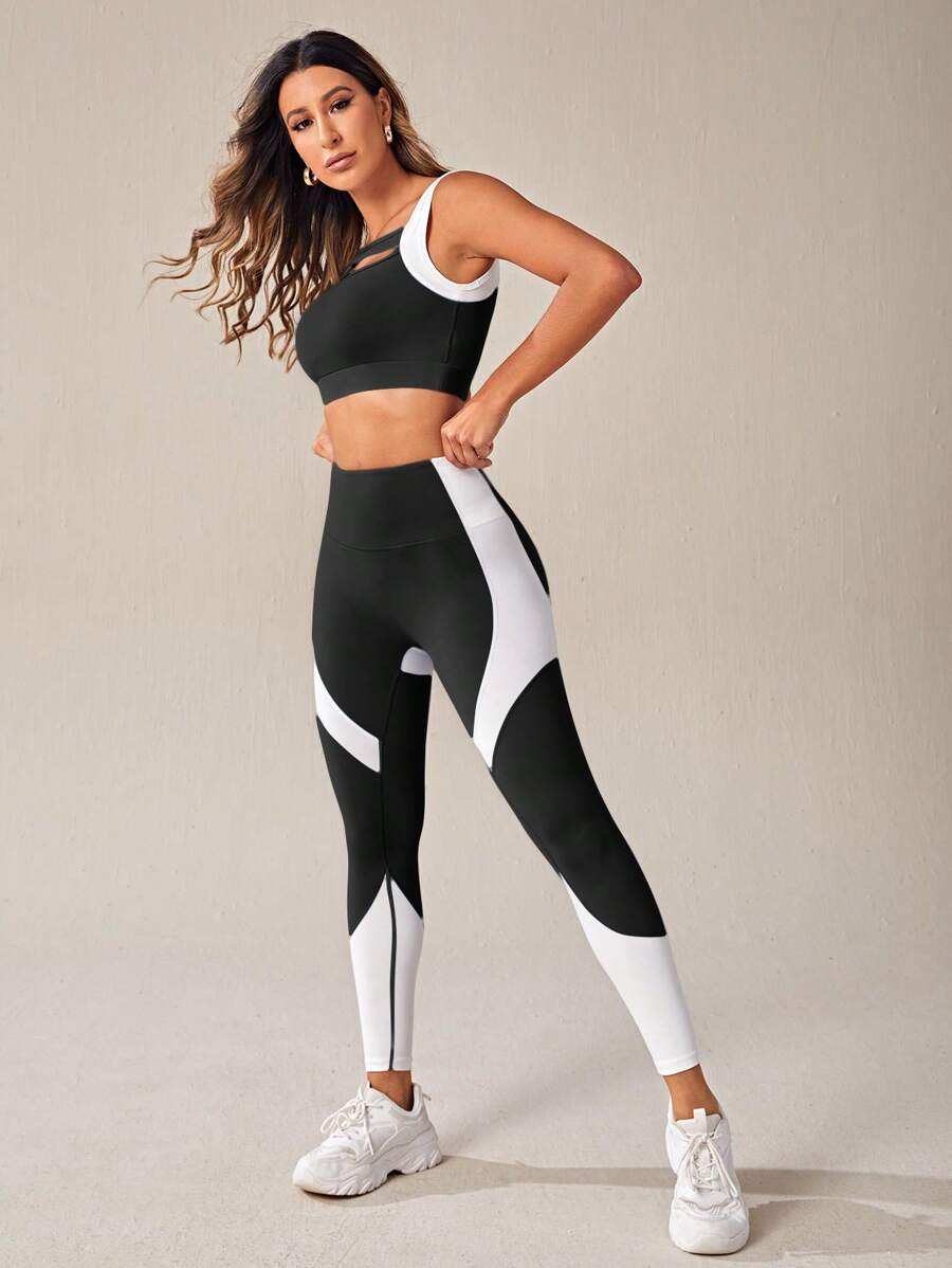 SHEIN VARSITIE Women's Contrast Color Crop Top And Leggings Sportswear ...