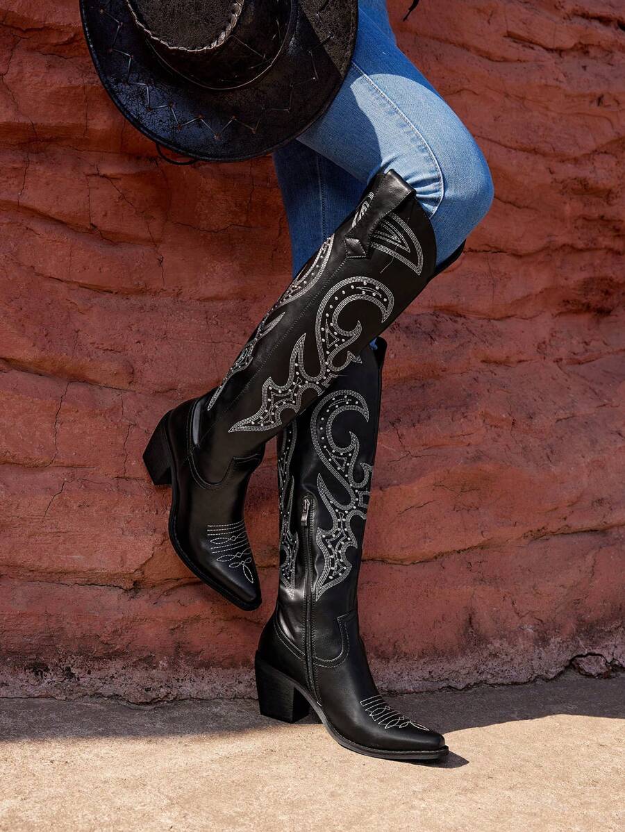 Styleloop Women's Unique Embroidery Knee High Pointed Toe Western ...