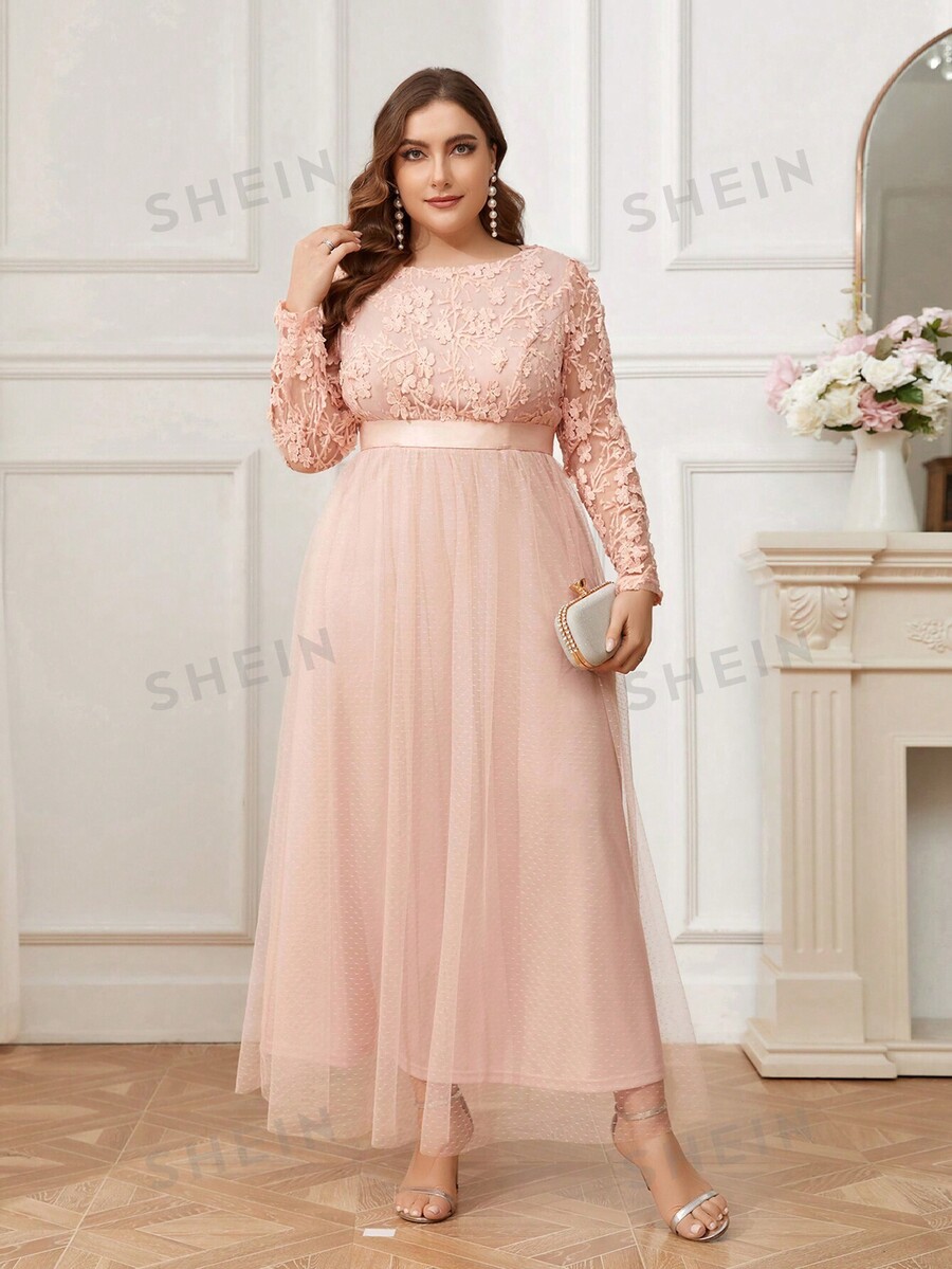 SHEIN Belle Plus Size Romantic Embroidered Mesh Bridesmaid Dress With ...