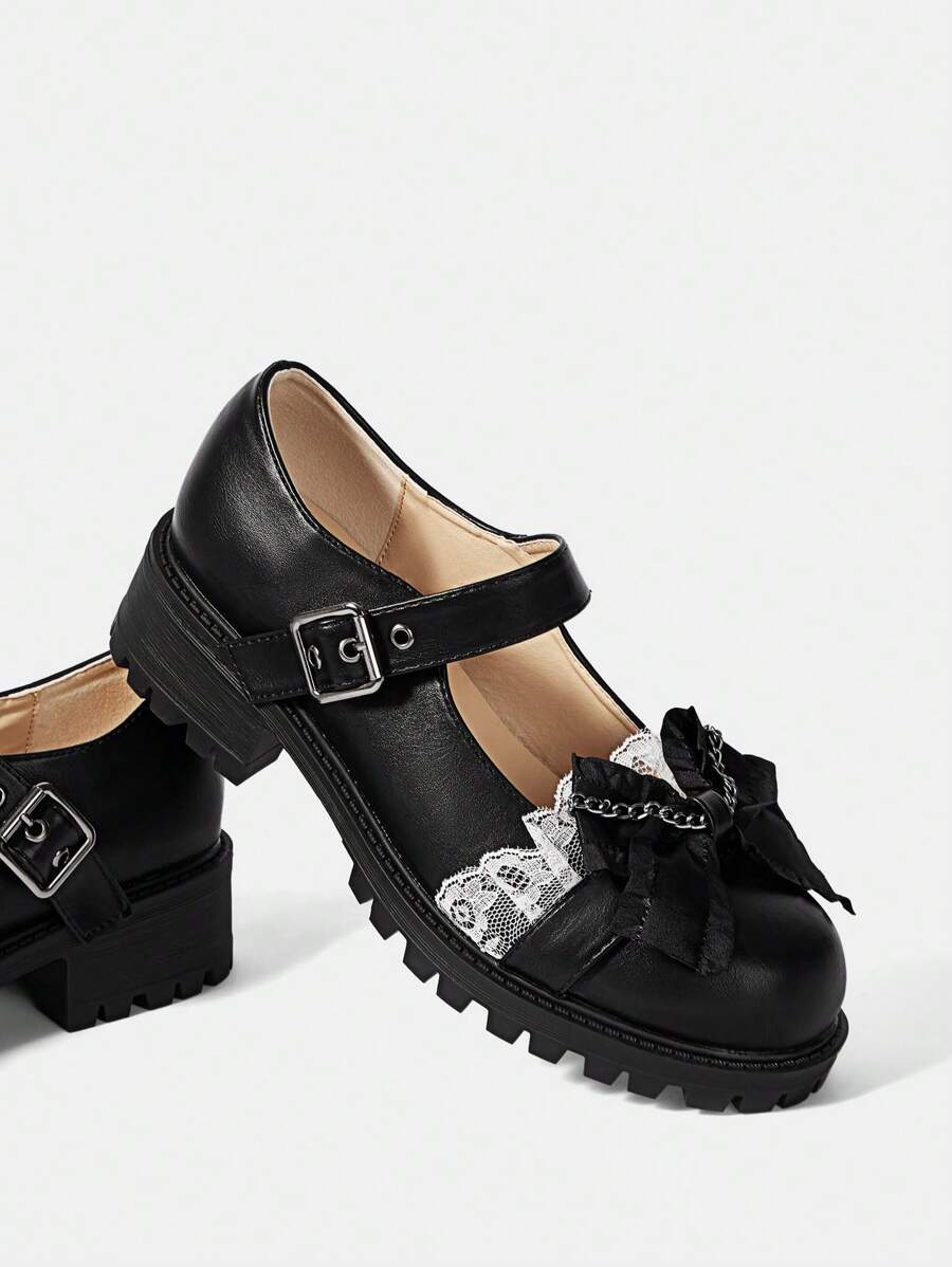 SHEIN MOD Women'S Mary Jane Style Black Round Toe Low-Heeled Shoes With ...