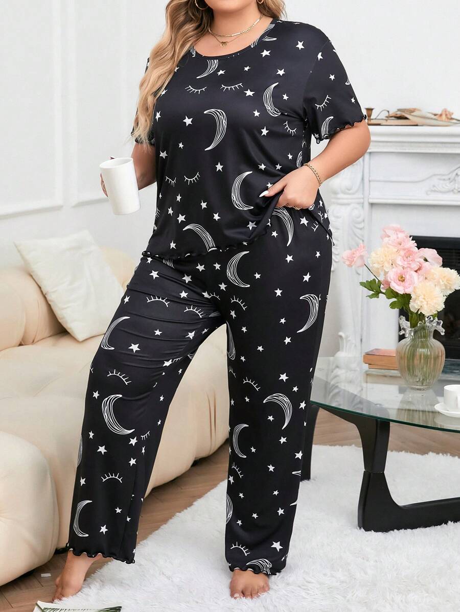Plus Size Sleepwear Set Printed With Star And Moon | SHEIN USA