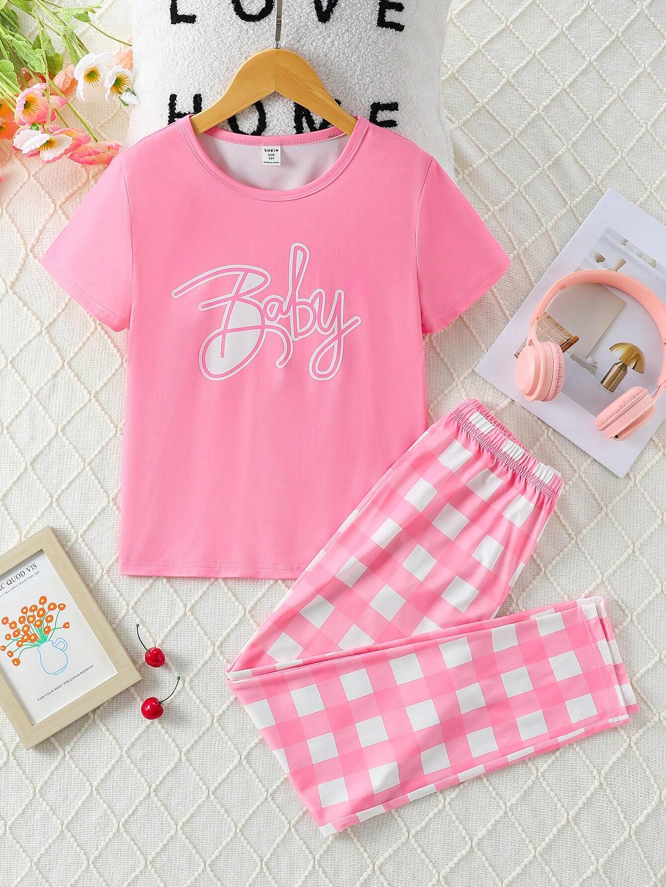 Tween Girls' Minimalist Pink & White Grid Print Pants And Letter ...