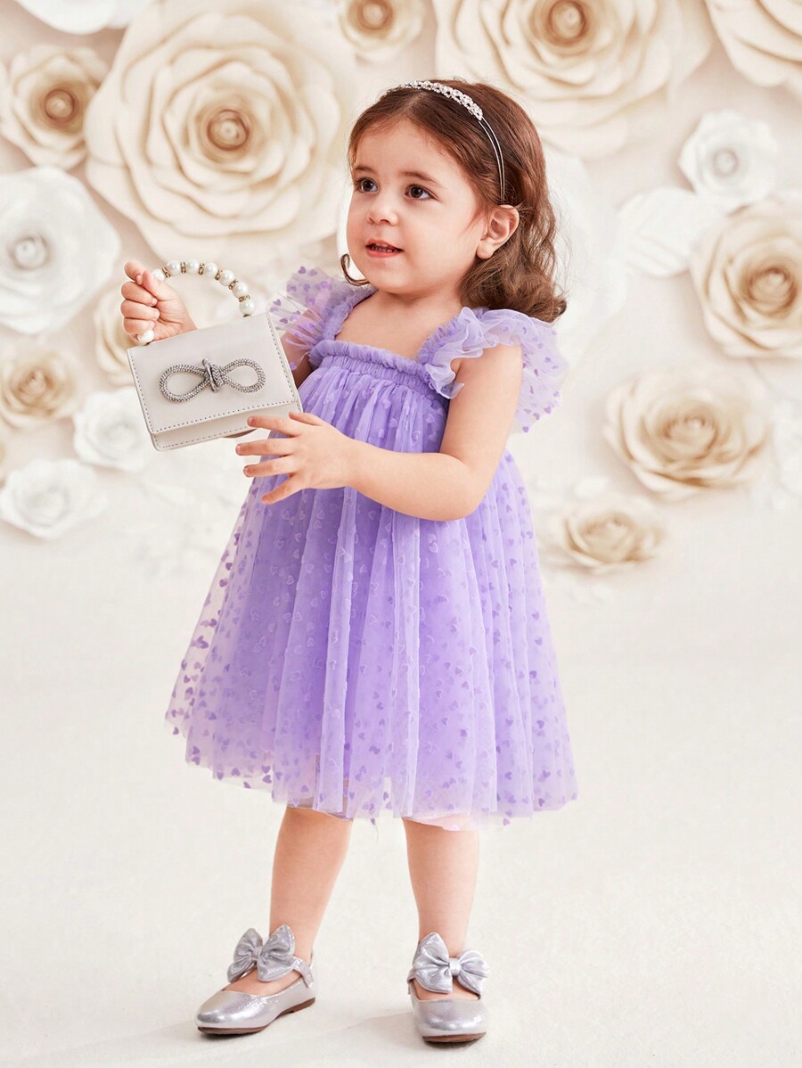 SHEIN Baby Girl'S Cute & Heart Mesh Short Flutter Sleeve Dress With ...
