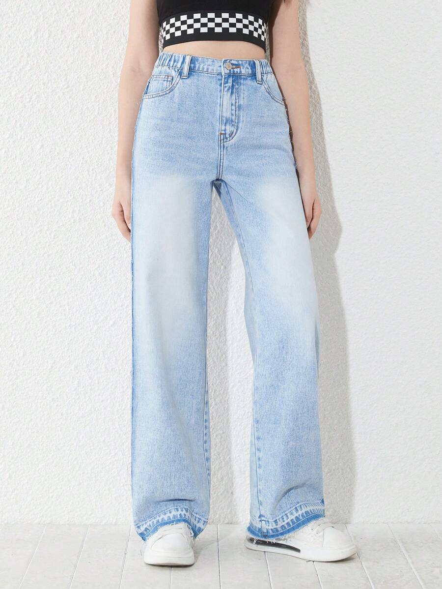 Tween Girls' Casual, Fashionable And Retro Frayed Straight Leg Jeans ...
