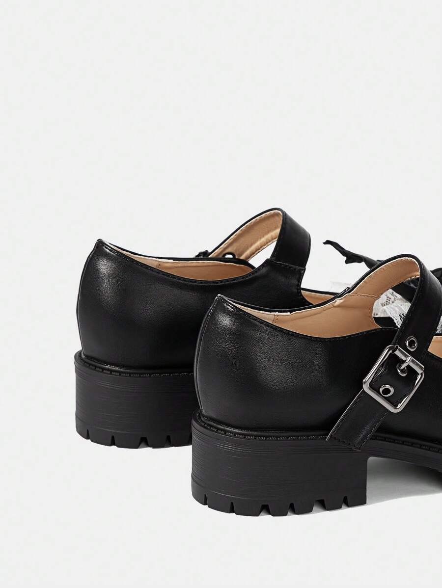 SHEIN MOD Women'S Mary Jane Style Black Round Toe Low-Heeled Shoes With ...