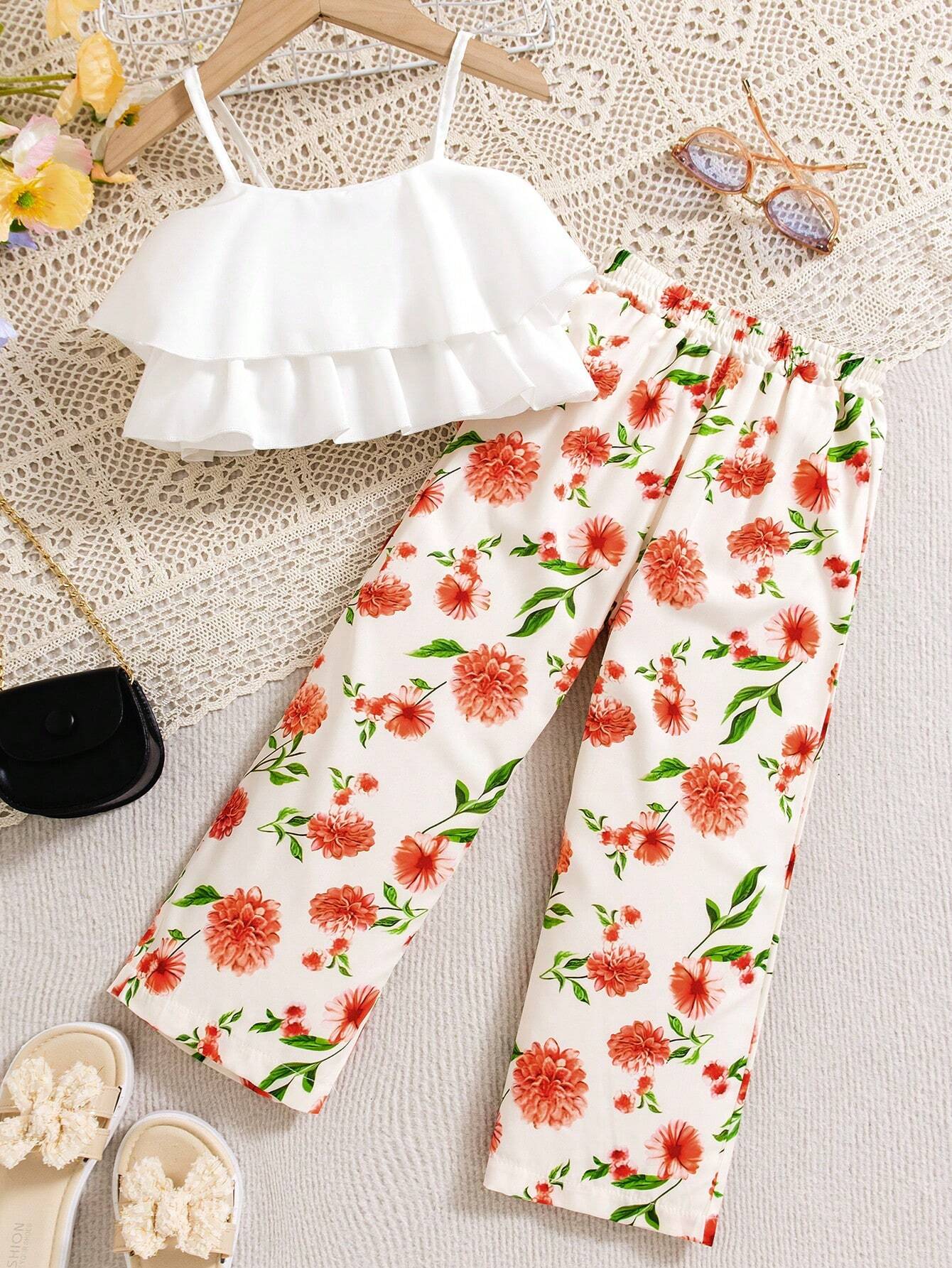 SHEIN Little Girls' Tiered Ruffle Strap Vest Top And Floral Print Pants Casual Comfortable ...