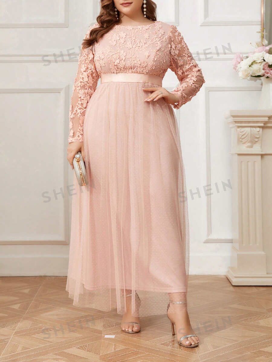 SHEIN Belle Plus Size Romantic Embroidered Mesh Bridesmaid Dress With ...