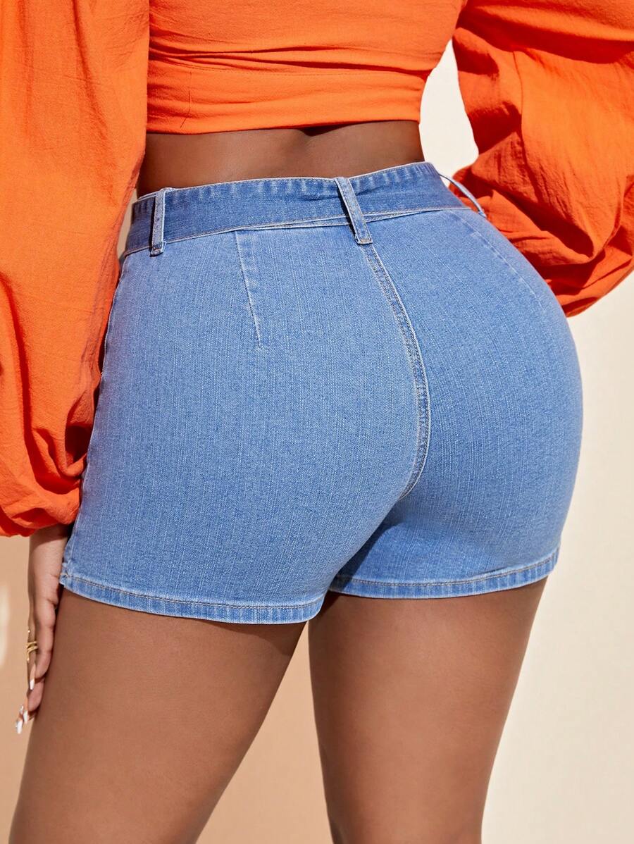 Shein Sxy Womens Belted Slim Fit Mini Denim Shorts Shein Usa