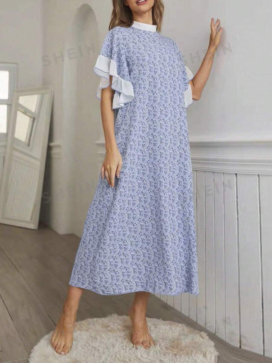 Shein Mulvari Ladies Floral Printed Stand Collar Ruffle Sleeve Maxi