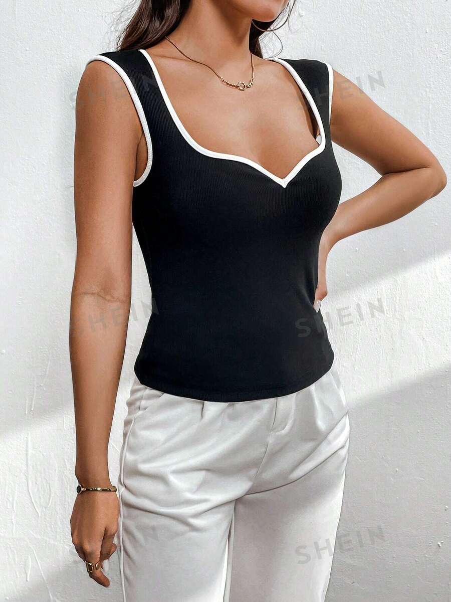 SHEIN Privé Ladies' Black & White Contrast Edge Cap Sleeve Cropped Tank Top | SHEIN USA