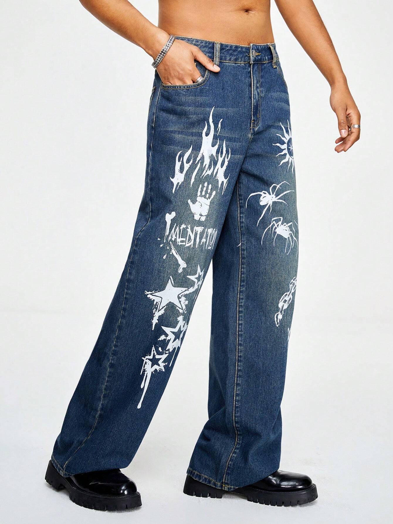 ROMWE Street Life Men'S Sun, Star, Spider & Flame Printed Jeans | SHEIN USA