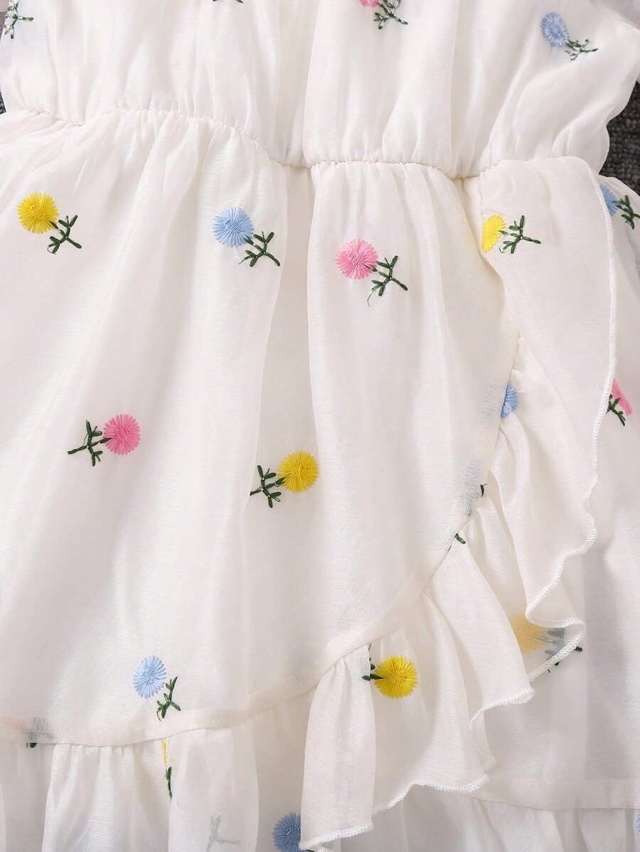 Shein Kids Charmng Young Girls' Off-the-shoulder Flower Embroidered 