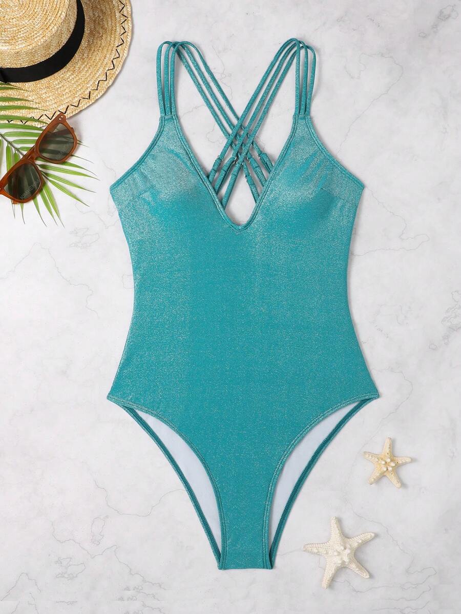 Women'S Cross Back Shiny One Piece Swimsuit With Cut-Outs | SHEIN USA