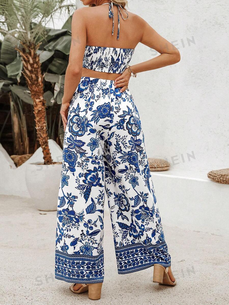 SHEIN VCAY Floral Print Halterneck Jumpsuit | SHEIN USA