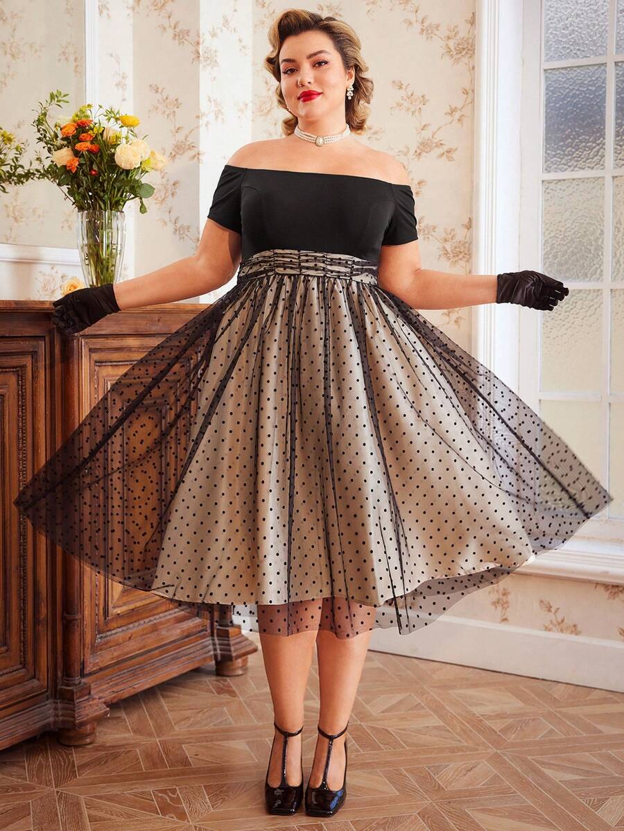 Vintamour Retro Elegant Plus Size Dress With Off Shoulder, Polka Dots ...