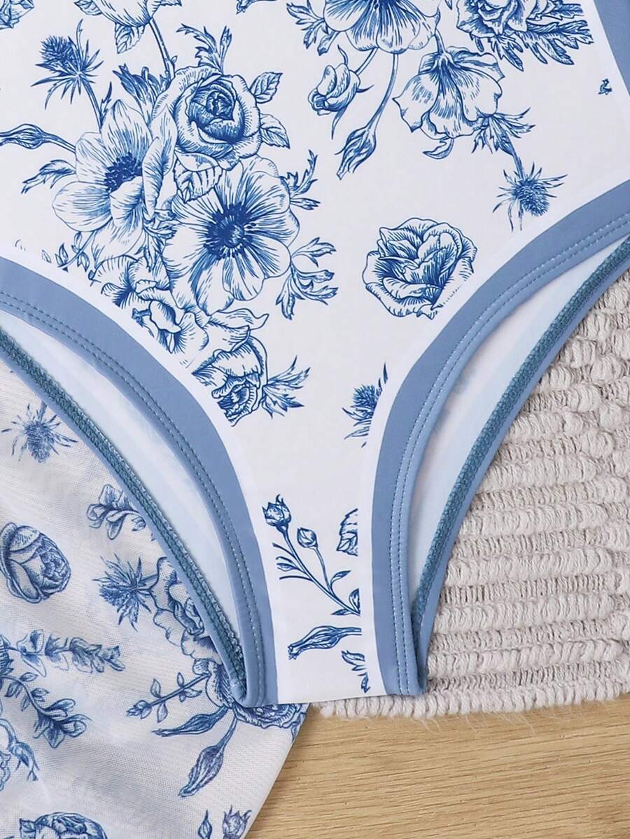 Tween Girl Floral One-Piece Swimsuit And Knotted Side Swim Skirt for ...