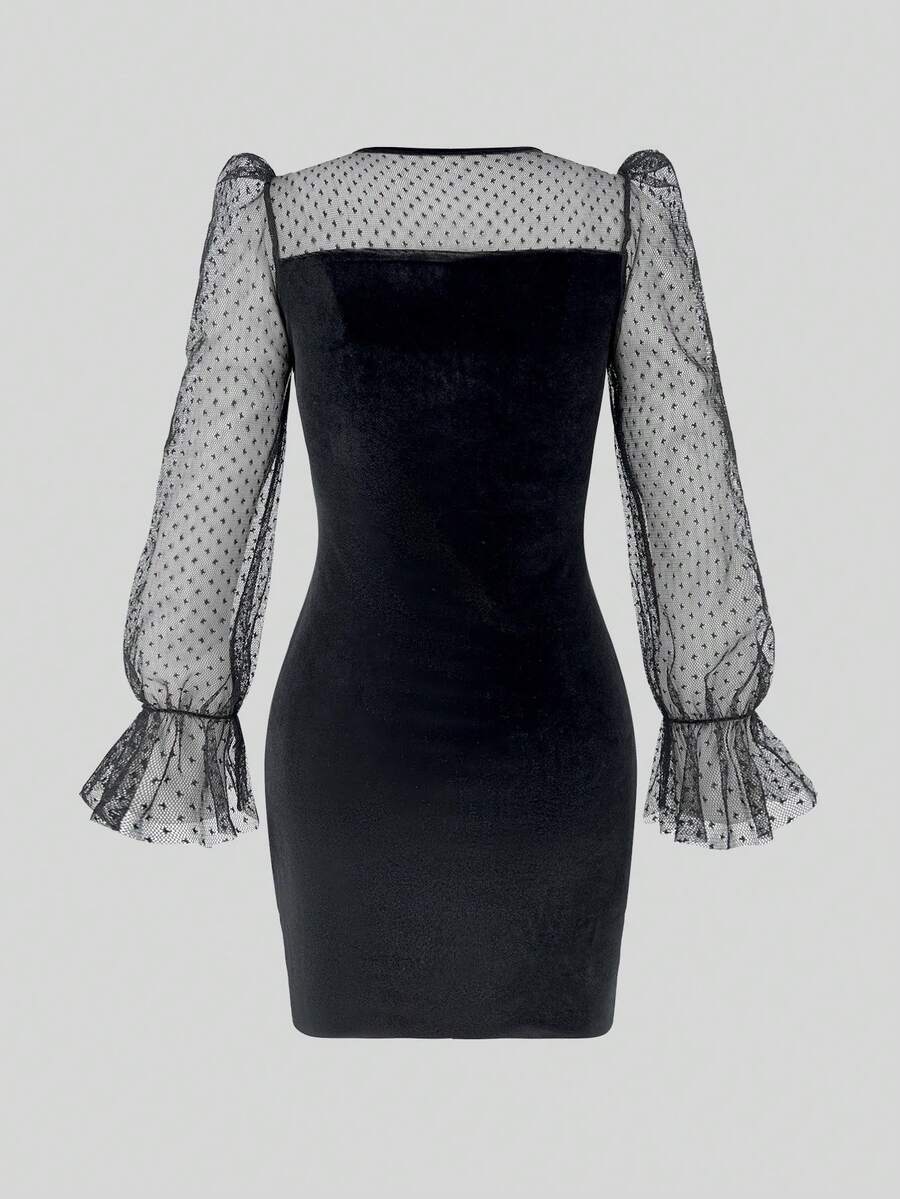 Mesh Yoke Flare Sleeve Dress Shein Usa