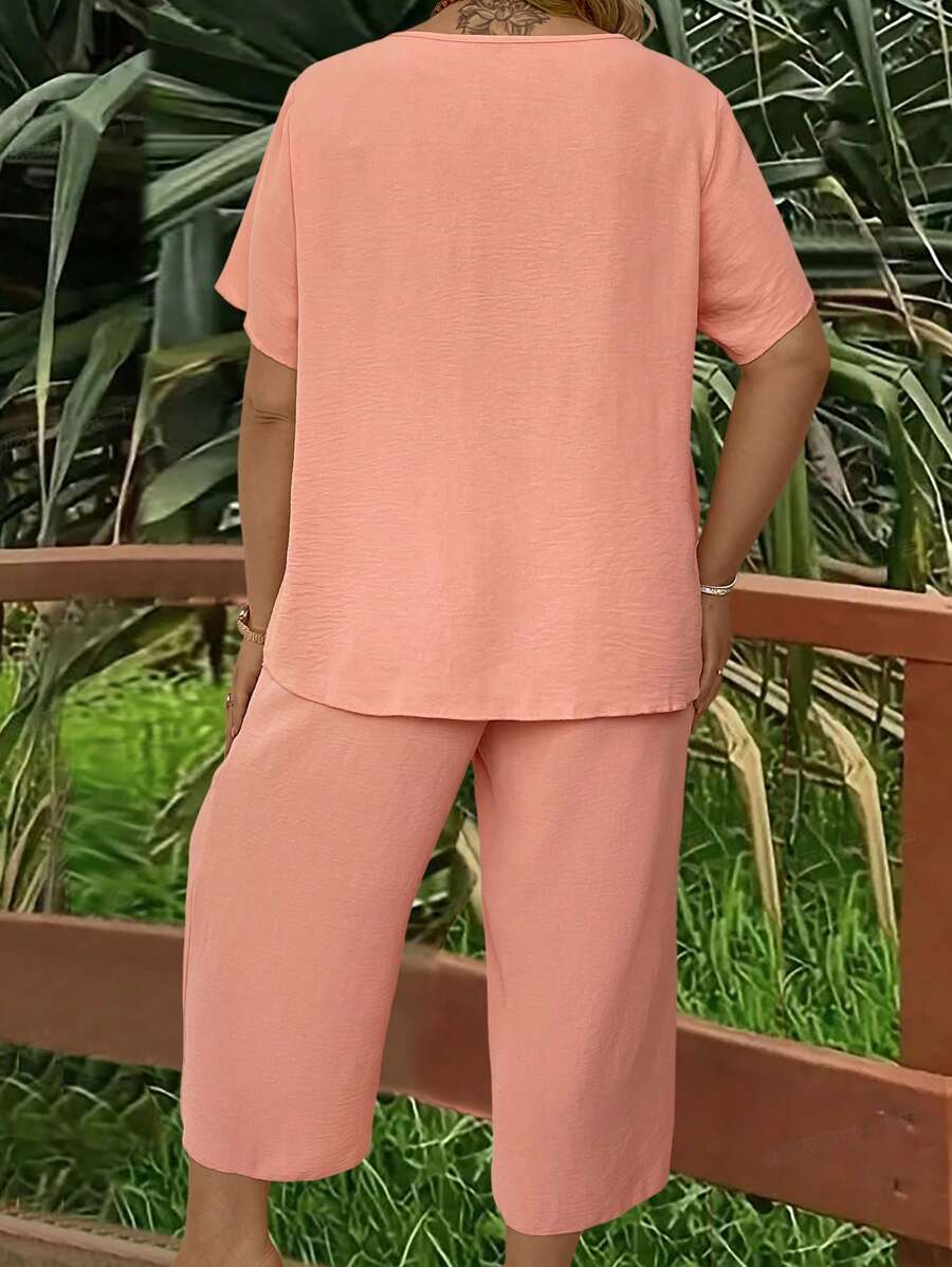 Emery Rose Plus Solid Notch Neck Blouse And Pants Shein Usa