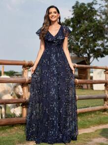 XUIBOL Women's V-Neck Sequin Embroidered Mesh Evening Gown Elegant ...