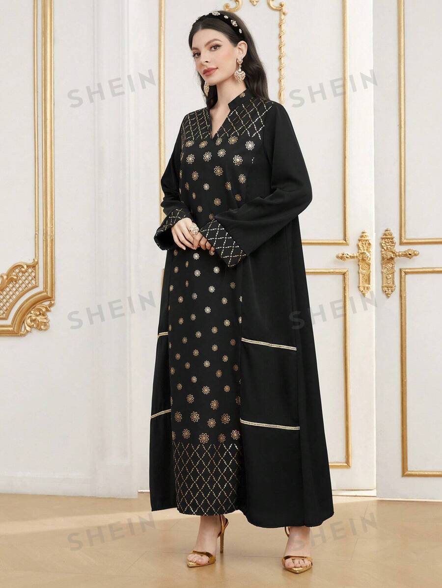 SHEIN Najma Vestido árabe con estampado floral de lámina de oro | Moda ...