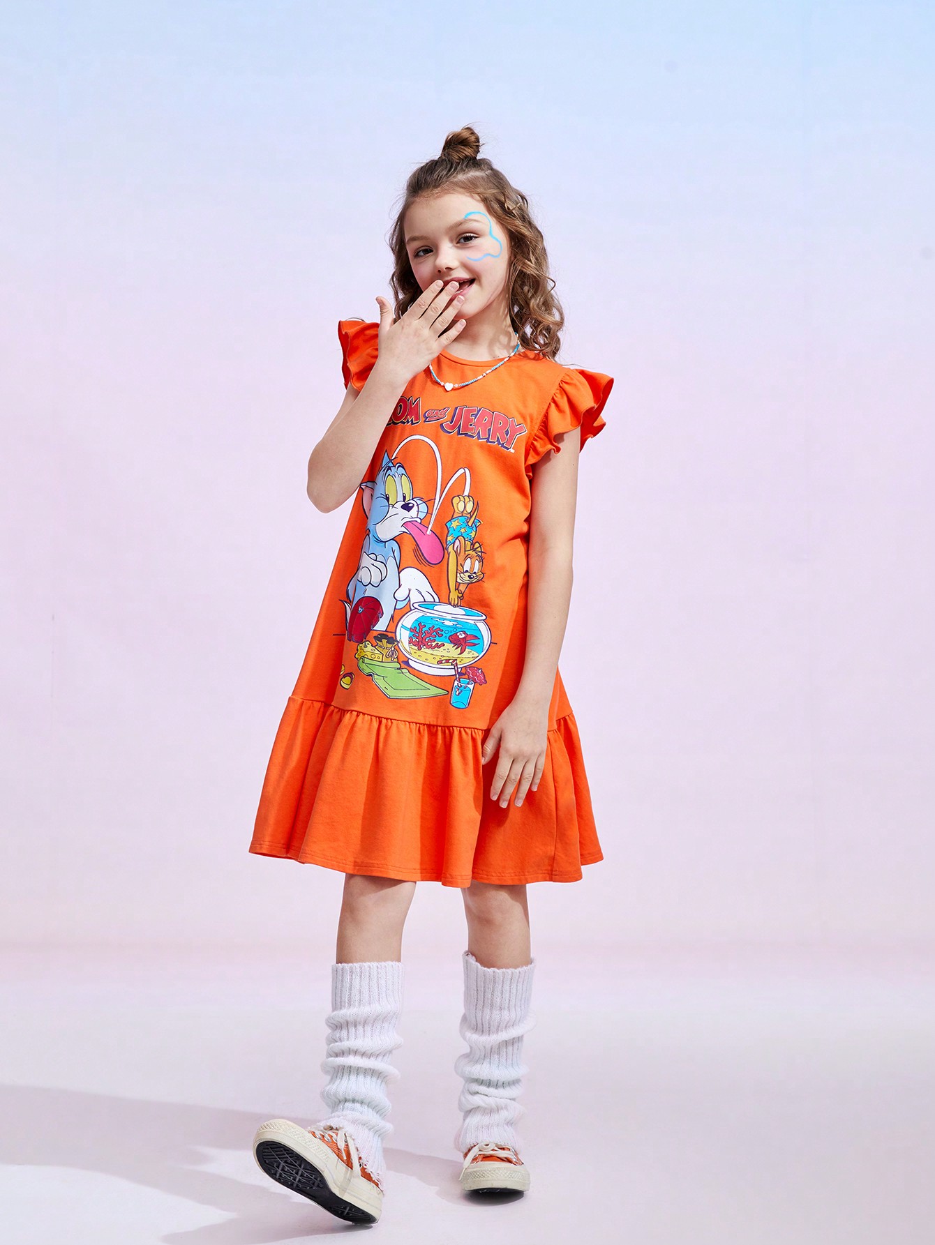 Tom And Jerry X Shein Tween Girl Cartoon Graphic Ruffle Trim Dress