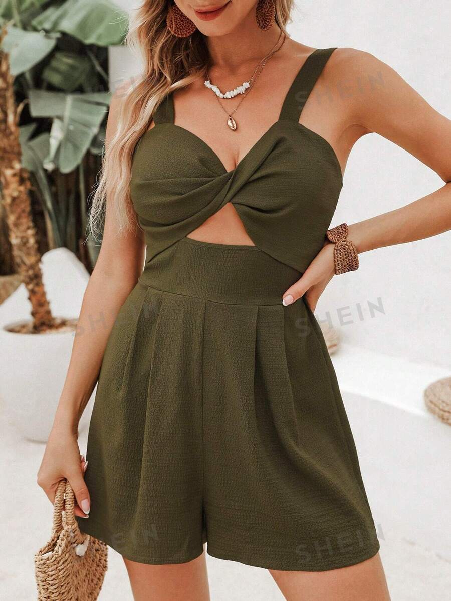 SHEIN VCAY Holiday Solid Color Hollow Out Twist Knotted Romper For Women | SHEIN USA