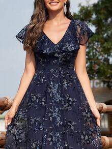 XUIBOL Women's V-Neck Sequin Embroidered Mesh Evening Gown Elegant ...