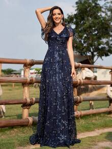 XUIBOL Women's V-Neck Sequin Embroidered Mesh Evening Gown Elegant ...