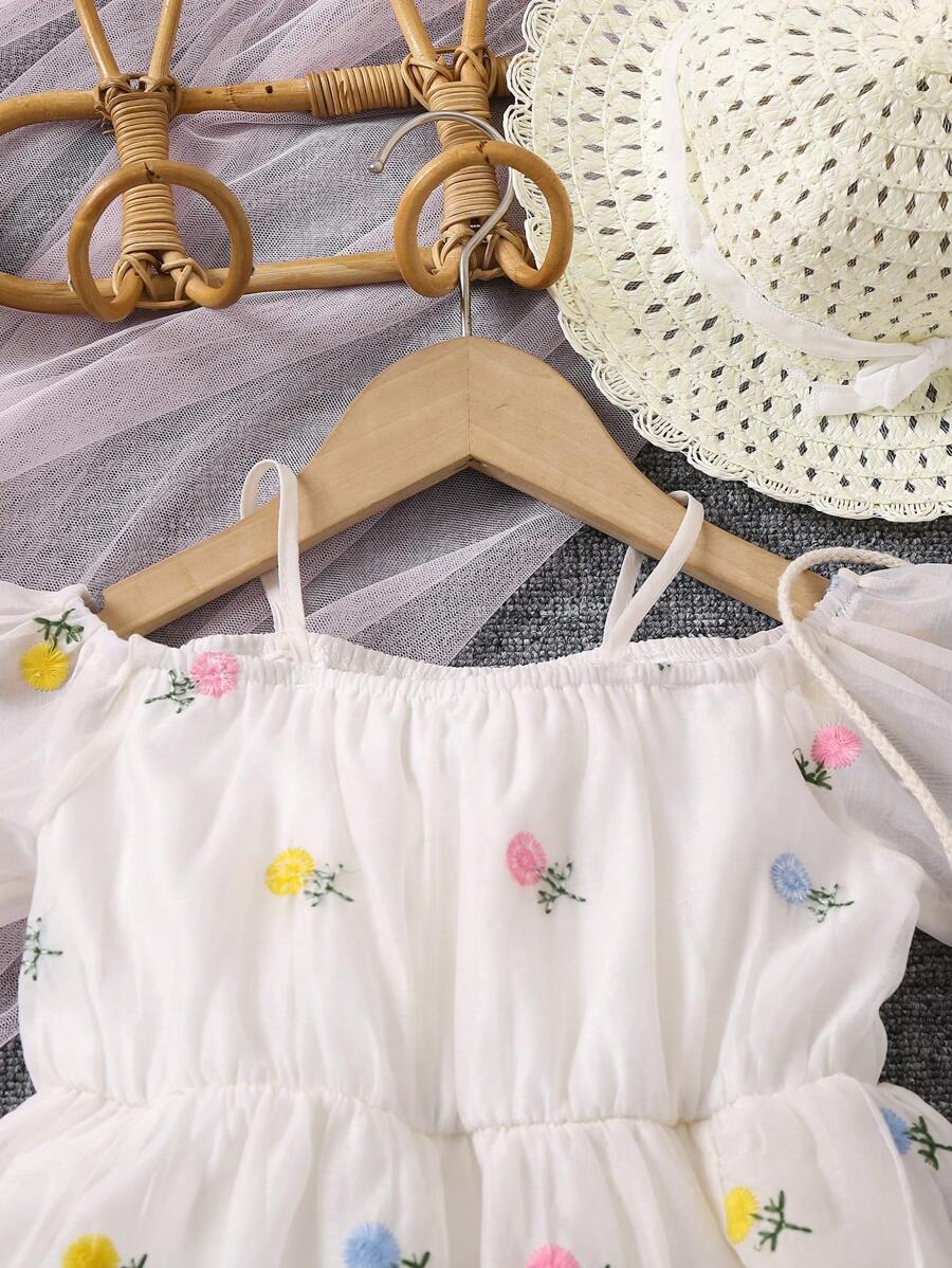 SHEIN Young Girls' Off-The-Shoulder Flower Embroidered Cami Dress With ...